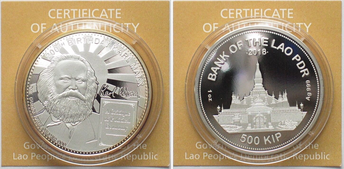 LAOS 500 Kip 2018 KARL MARX silver, 1 oz, Proof | MA-Shops