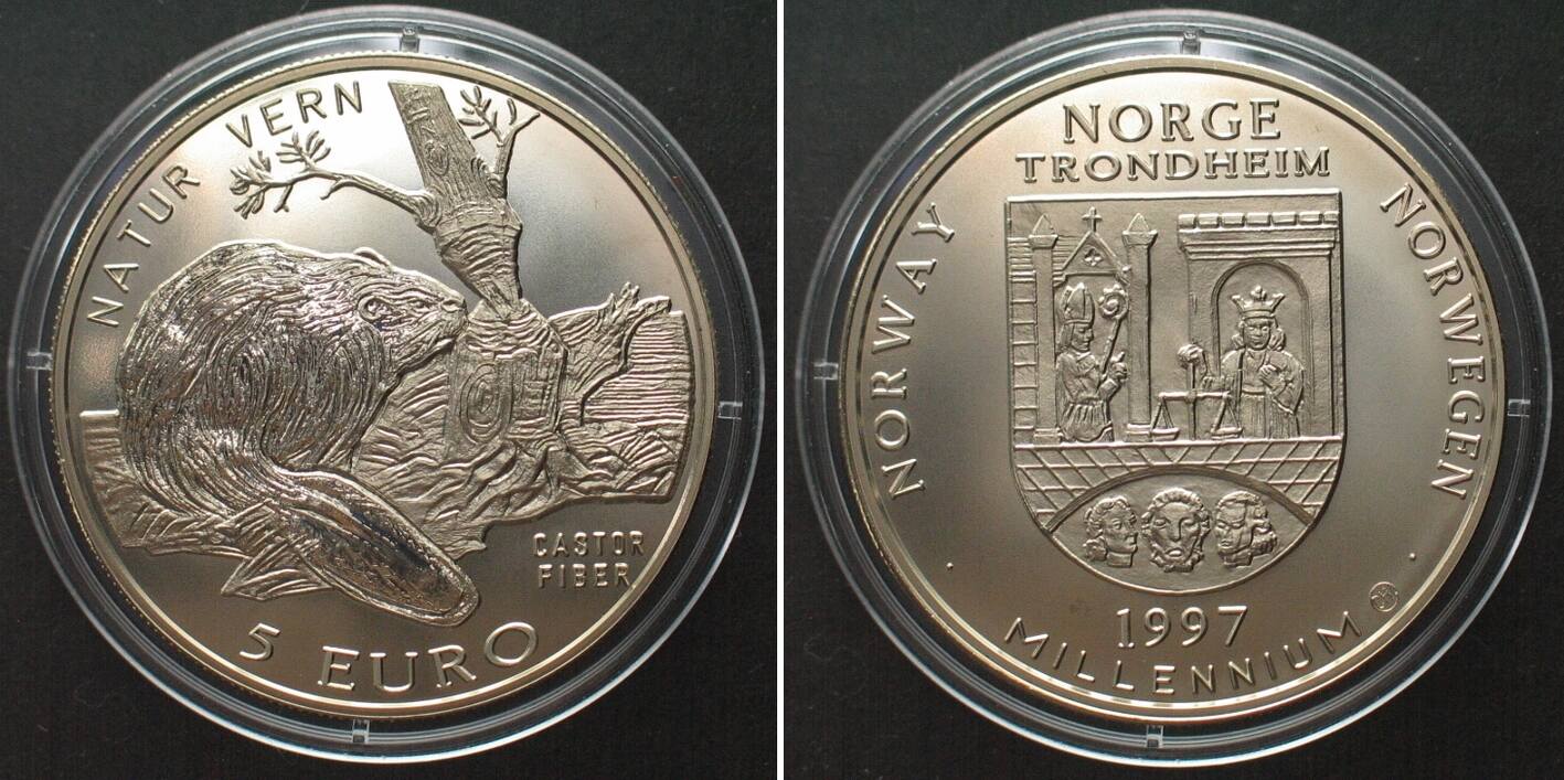 Norwegen NORWAY 5 Euro 1997 Castor fiber TRONDHEIM Cu-Ni BU | MA-Shops