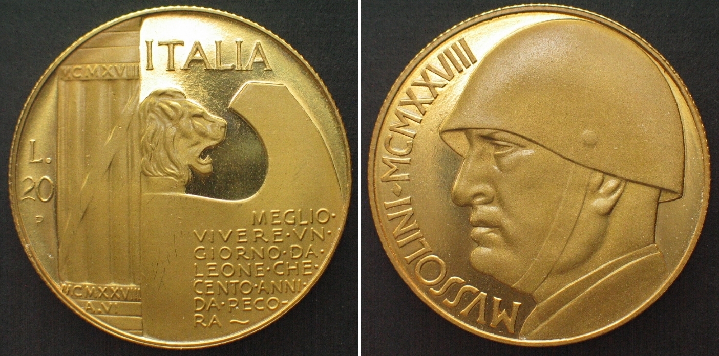 Italien ITALY 20 Lire 1928 MUSSOLINI gilt bronze Proof | MA-Shops