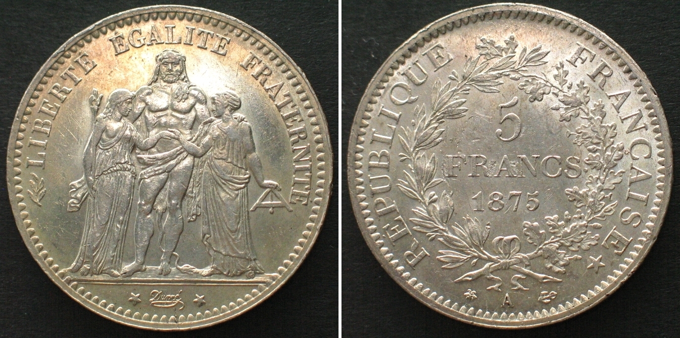 Frankreich FRANCE 5 Francs 1875 A - Paris HERCULE silver UNC! | MA-Shops