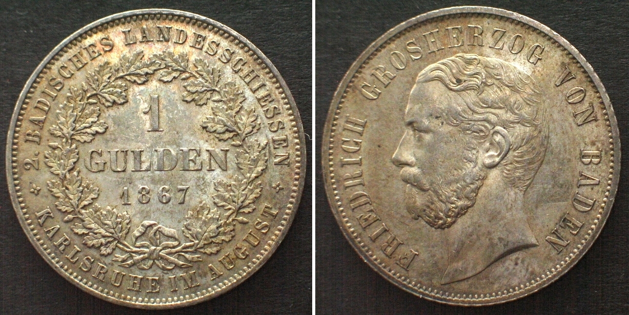 Germany BADEN 1 Gulden 1867, SHOOTING in KARLSRUHE silver Prooflike ...