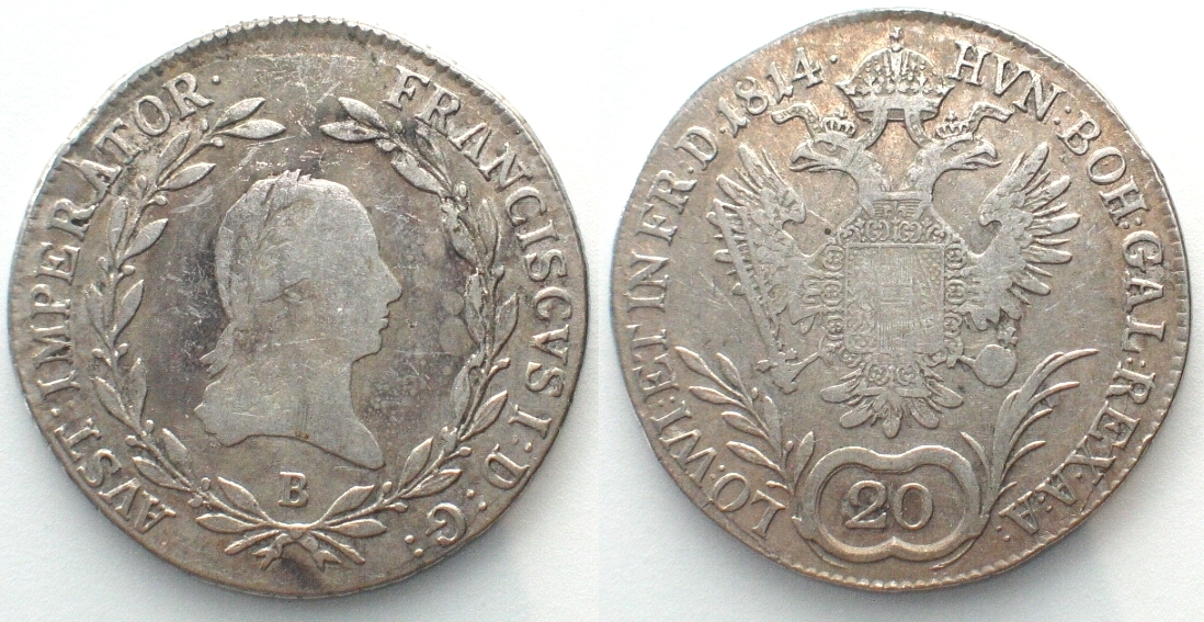 Haus Habsburg AUSTRIA 20 Kreuzer 1814 B, FRANZ I, silver VF | MA-Shops
