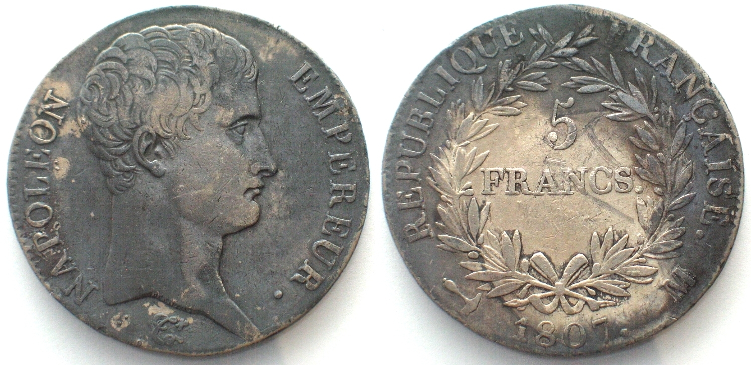Frankreich FRANCE 5 Francs 1807 M, Toulouse mint, NAPOLEON I silver VF ...