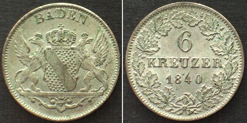 Germany BADEN 6 Kreuzer 1840 LEOPOLD silver UNC! | MA-Shops