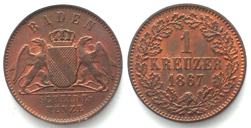 Germany BADEN 1 Kreuzer 1867 FRIEDRICH I copper UNC! | MA-Shops