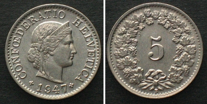 Schweiz SWITZERLAND 5 Rappen 1947 Cu-Ni UNC! | MA-Shops