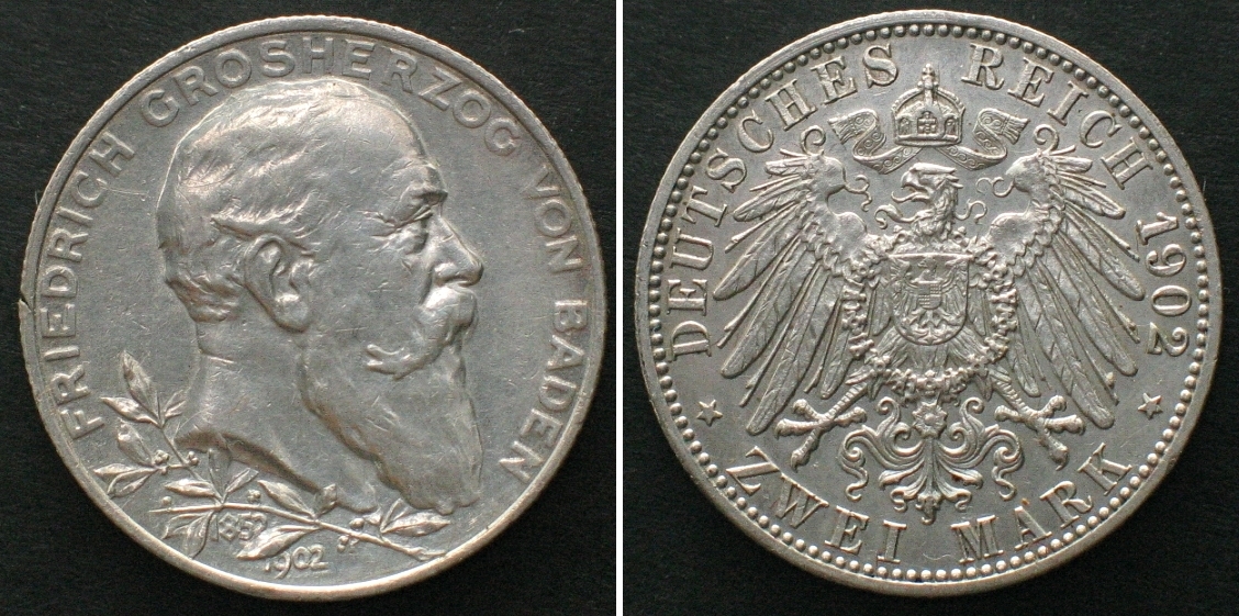 Germany BADEN 2 Mark 1902 G, ANNIVERSARY OF REIGN, silver UNC-! | MA-Shops