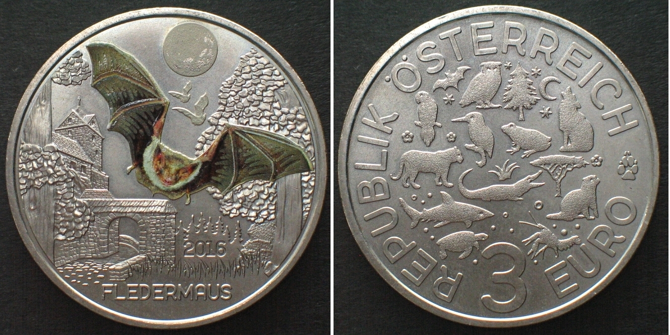 Österreich AUSTRIA 3 Euro 2016 Bat ANIMAL SERIES (1st issue) colored Cu ...