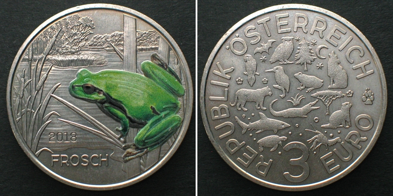 Österreich AUSTRIA 3 Euro 2018 Frog ANIMAL SERIES colored Cu-Ni UNC ...