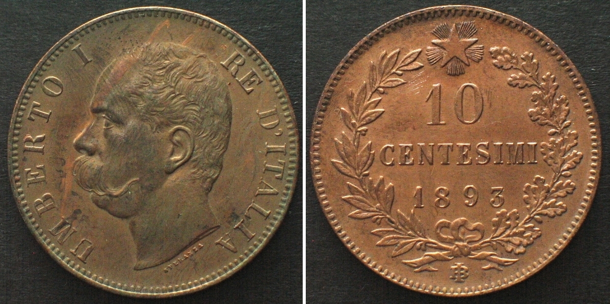 Italien ITALY. 10 Centesimi 1893 B/I, UMBERTO I copper UNC-!!! | MA-Shops