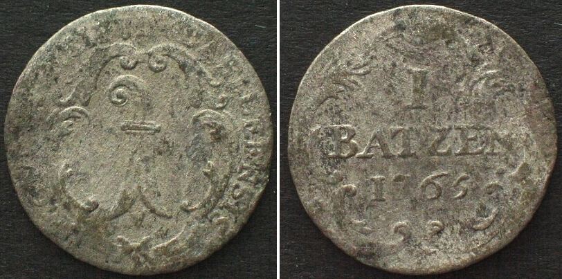 Schweiz - Basel Swiss Cantons BASEL, City. Batzen 1765 billon XF EF ...