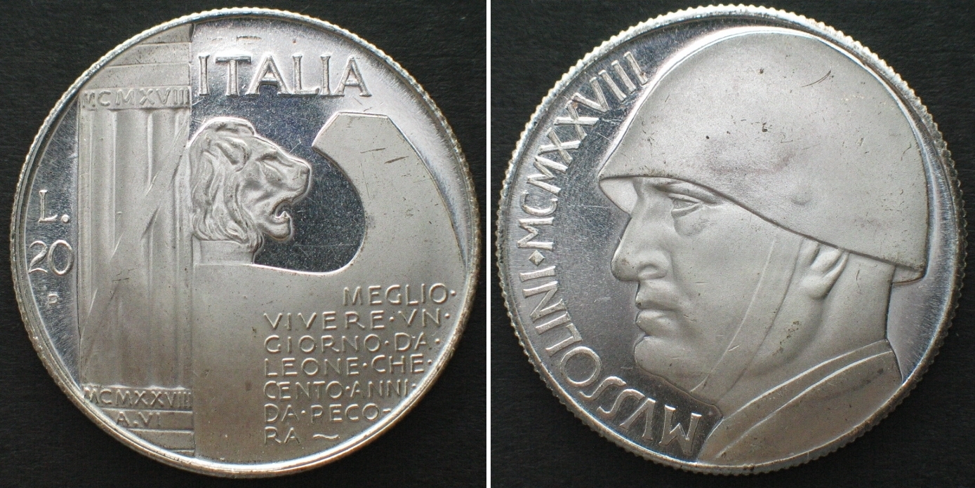 Italien ITALY 20 Lire 1928 MUSSOLINI silvered bronze Proof | MA-Shops