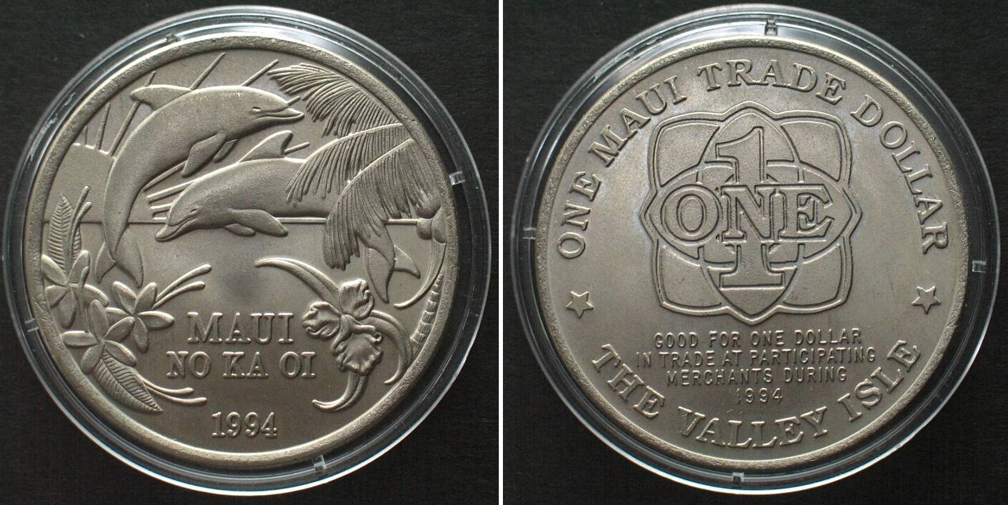 HAWAII Maui Trade Dollar 1994, Dolphins, Cu-Ni BU | MA-Shops