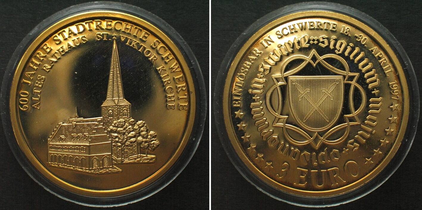 Germany SCHWERTE 3 Euro 1997, 600th Town Anniversary, tombak 40mm ...