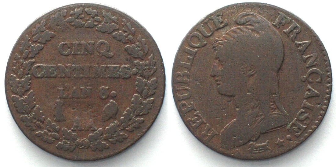 Frankreich FRANCE 5 Centimes An 8/6 (1799-1800) AA Metz, bronze VF | MA ...