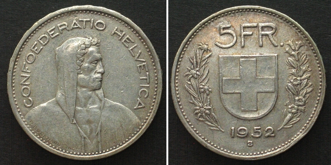 Schweiz SWITZERLAND. 5 Francs 1952 silver XF, KEY DATE! EF | MA-Shops