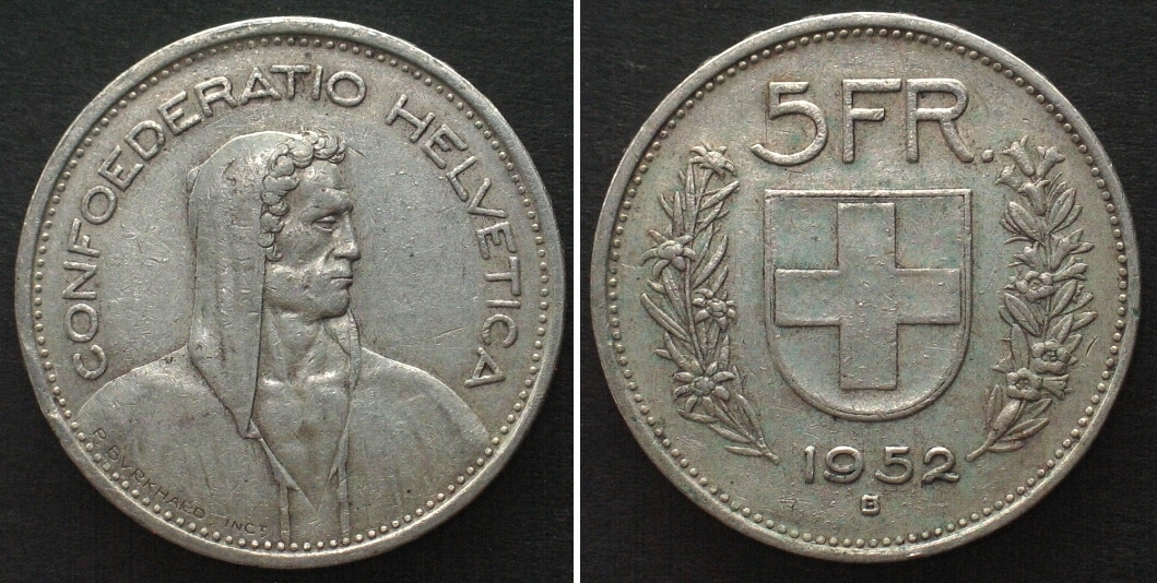 Schweiz SWITZERLAND. 5 Francs 1952 silver XF, KEY DATE! EF | MA-Shops
