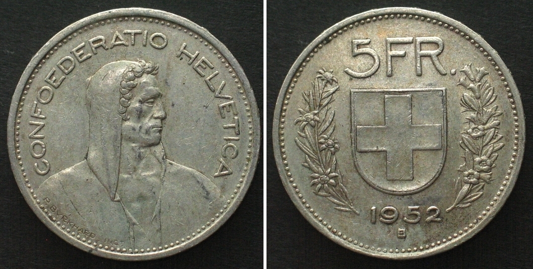 Schweiz SWITZERLAND. 5 Francs 1952 silver XF, KEY DATE! EF | MA-Shops