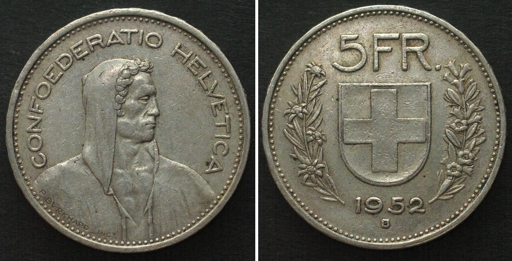 Schweiz SWITZERLAND. 5 Francs 1952 silver XF, KEY DATE! EF | MA-Shops