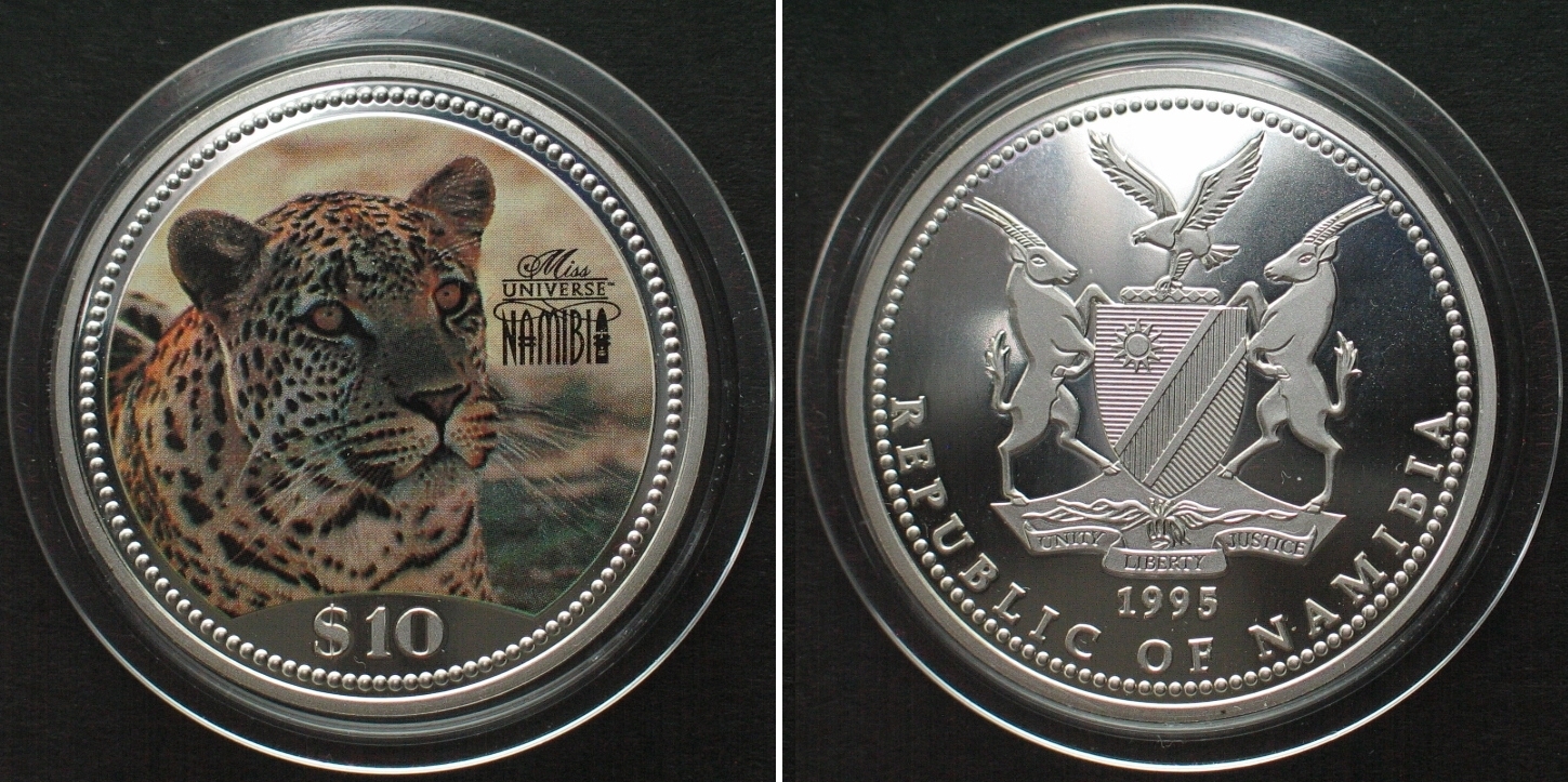 NAMIBIA 10 Dollars 1995 Leopard MISS UNIVERSE silver Proof RARE! | MA-Shops