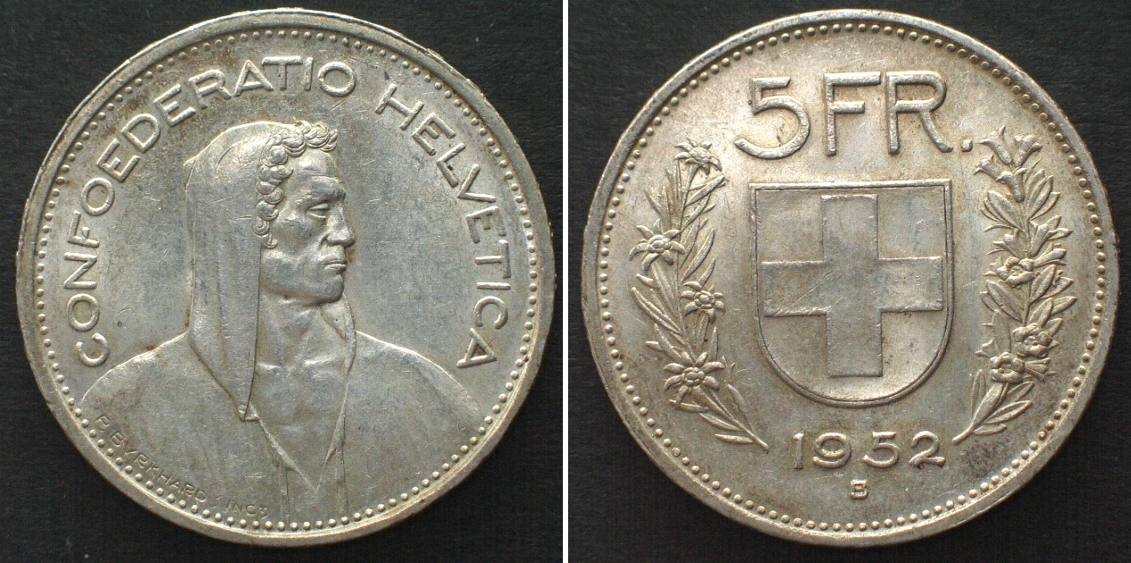 Schweiz SWITZERLAND. 5 Francs 1952 silver UNC-, KEY DATE! | MA-Shops