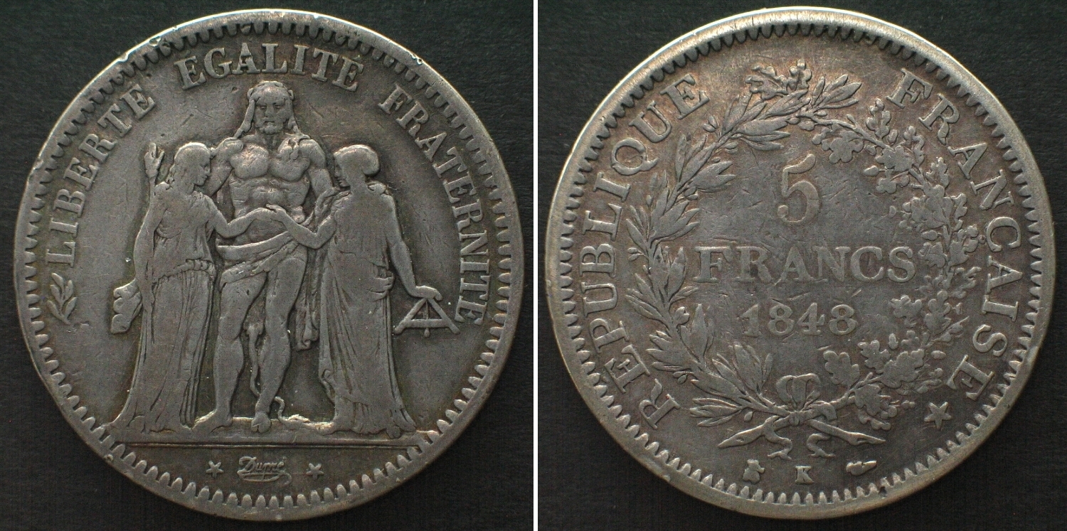Frankreich FRANCE 5 Francs 1848 K, Bordeaux mint, silver VF+ SCARCE! | MA-Shops