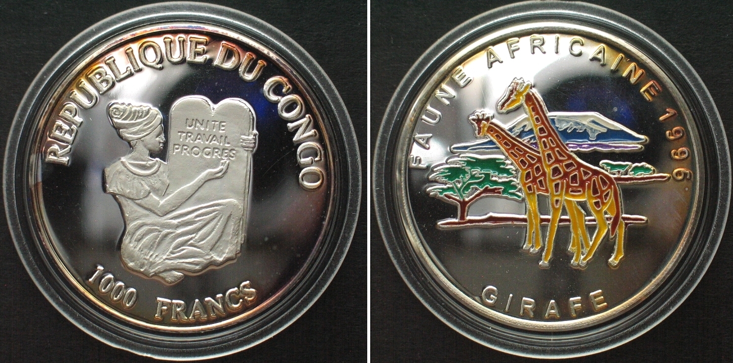 Kongo - Brazzaville CONGO 1000 Francs 1996 GIRAFFES silver colored ...