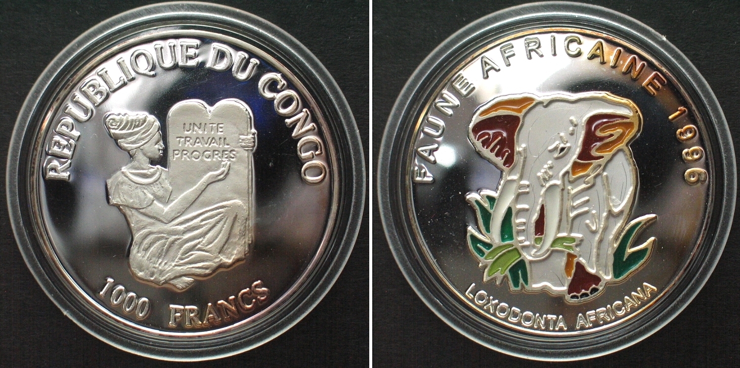 Kongo - Brazzaville RRR! CONGO 1000 Francs 1996 ELEPHANT silver COLORED ...