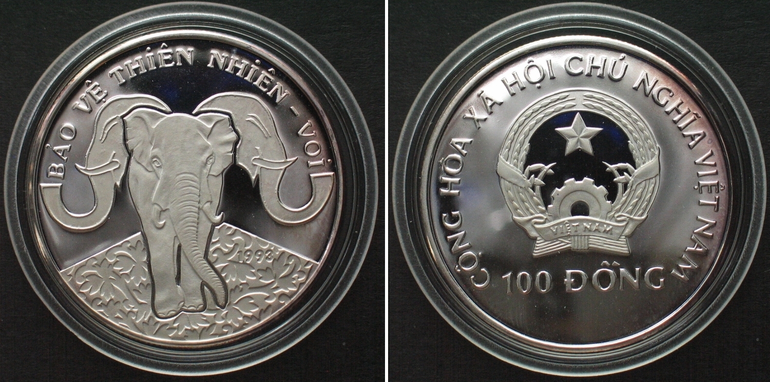Vietnam VIET NAM 100 Dong 1993 ELEPHANTS silver Proof SCARCE! | MA-Shops