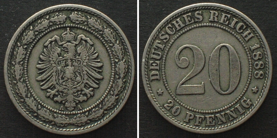 Deutschland - Kaiserreich Germany EMPIRE 20 Pfennig 1888 A Cu-Ni VF-XF ...