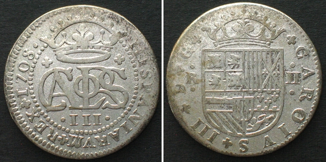 Spanien SPAIN 2 Reales 1708 Barcelona CHARLES III, PRETENDER, contemp ...