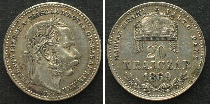 Haus Habsburg HUNGARY. 20 Krajczar 1869 KB, FRANZ JOSEPH I, silver XF/AU! EF/AU | MA-Shops