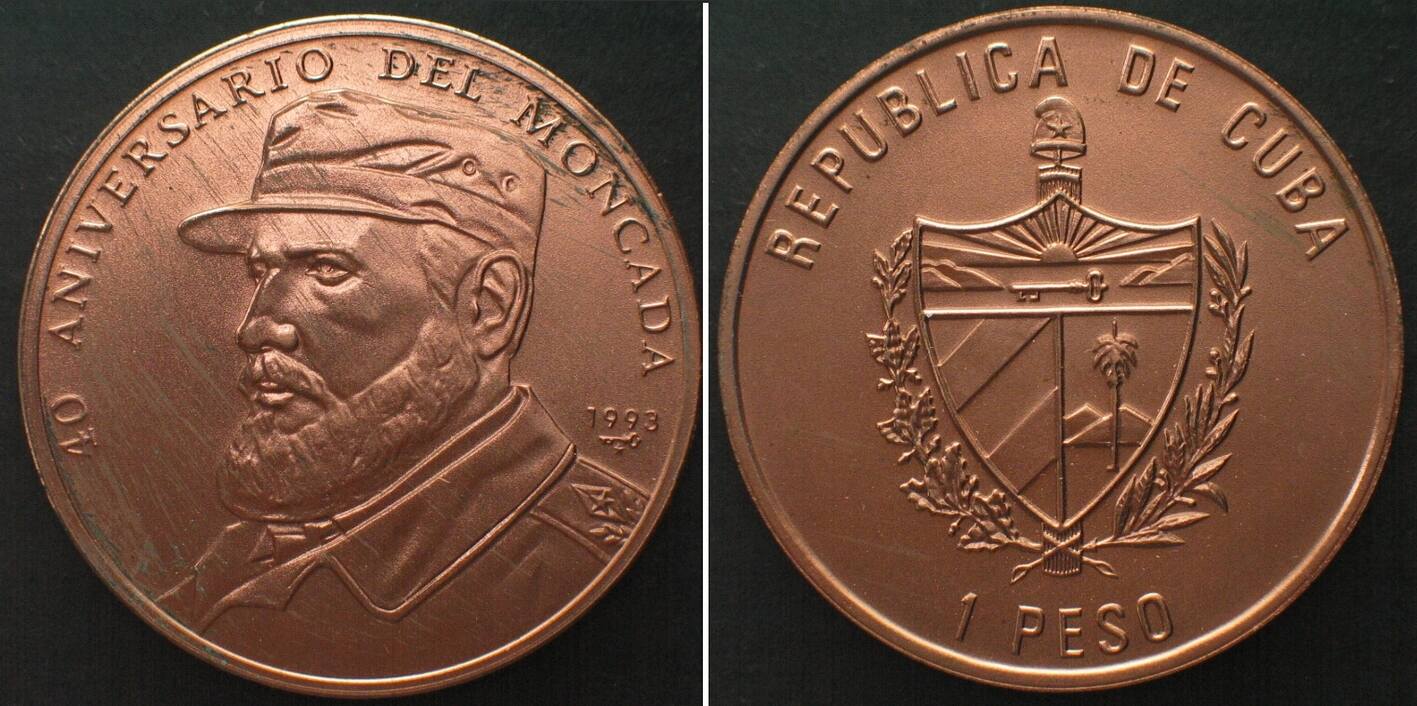 Kuba CUBA 1 Peso 1993, FIDEL CASTRO, 40TH ANN. OF MONCADA, bronze UNC ...