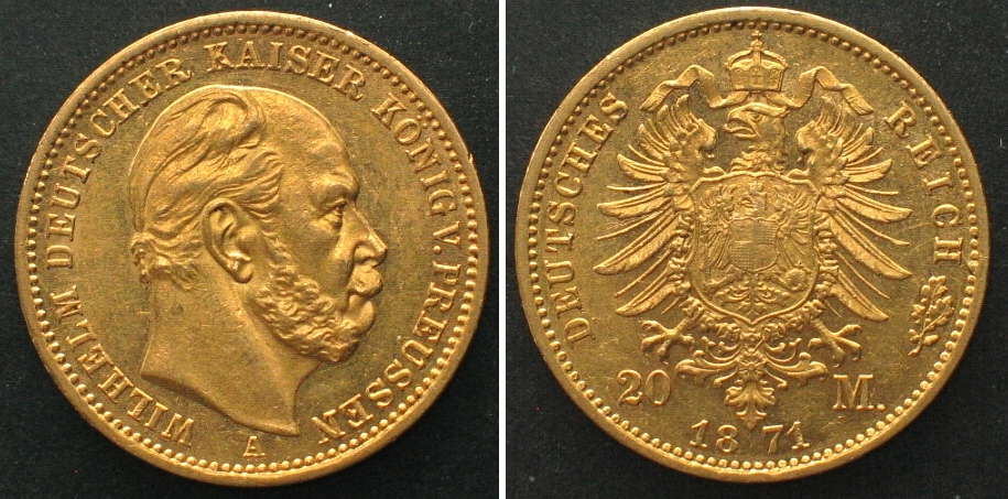 Preussen German Empire PRUSSIA 20 Mark 1871 A, WILHELM I, gold ...
