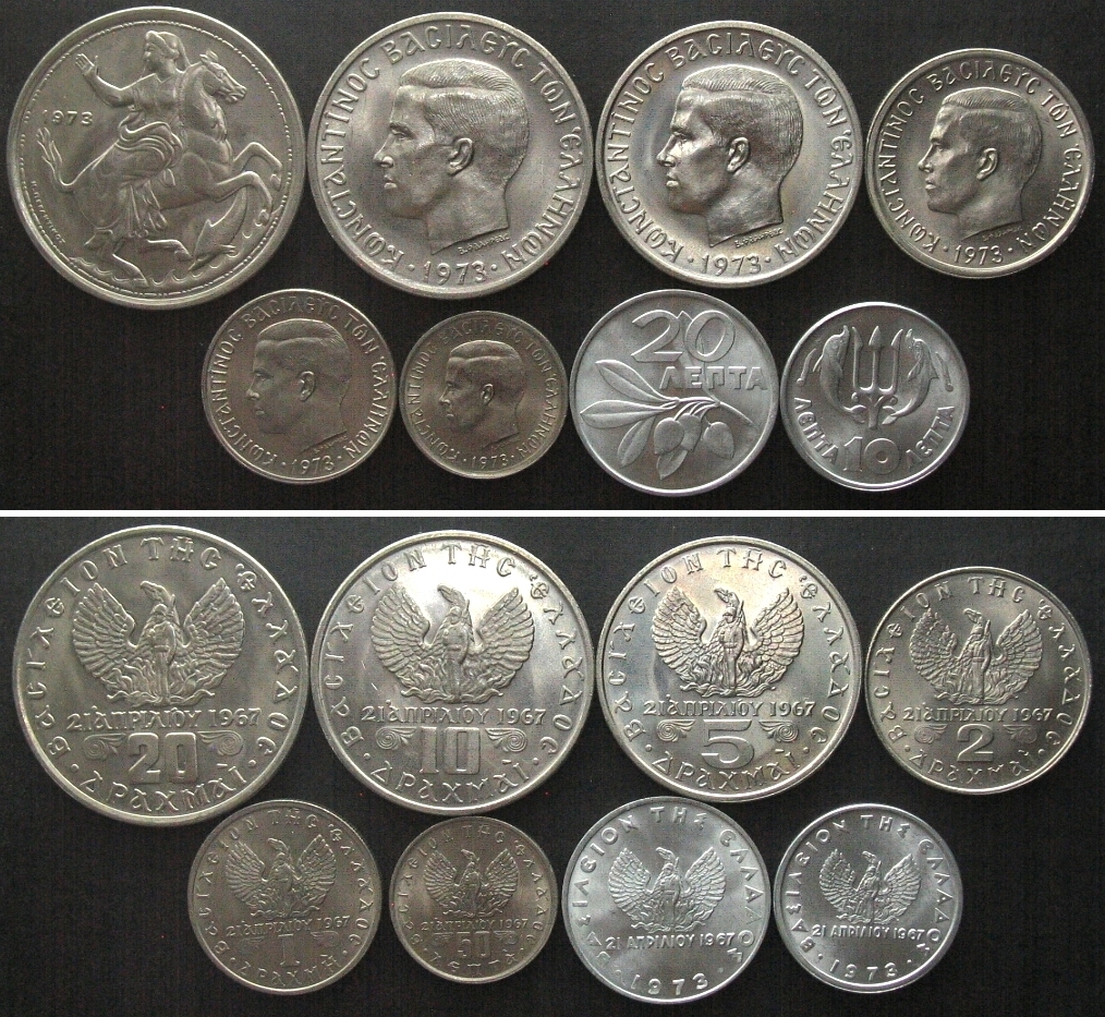 Griechenland GREECE 1973 Circulation coins, MILITARY JUNTA, 8 coins, BU ...
