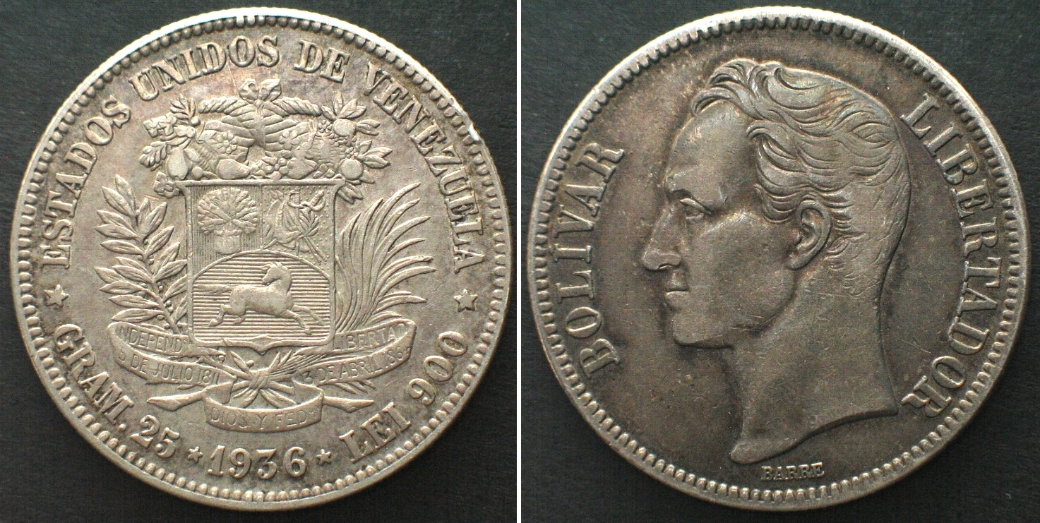 VENEZUELA 5 Bolivares 1936 silver XF! EF | MA-Shops