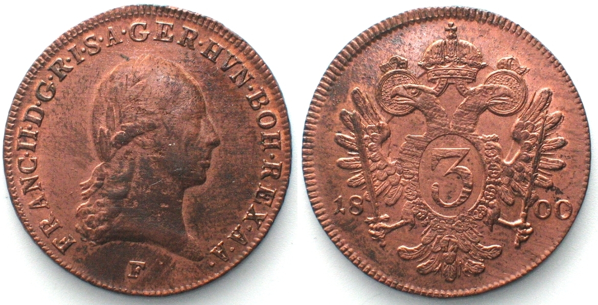Haus Habsburg AUSTRIA 3 Kreuzer 1800 F, Hall mint, FRANZ II copper Prooflike SPECIMEN! | MA-Shops