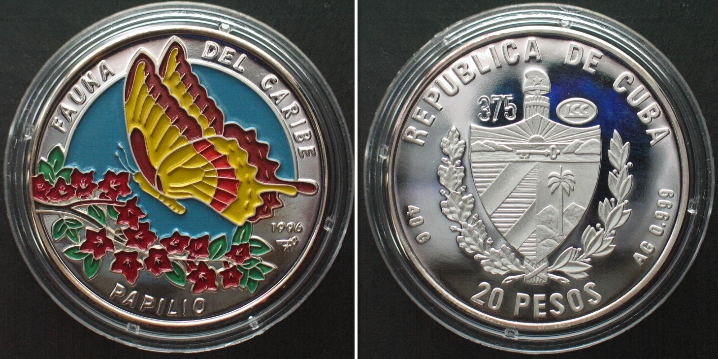 Kuba CUBA 20 Pesos 1996 Butterfly FAUNA OF THE CARIBBEAN silver ...