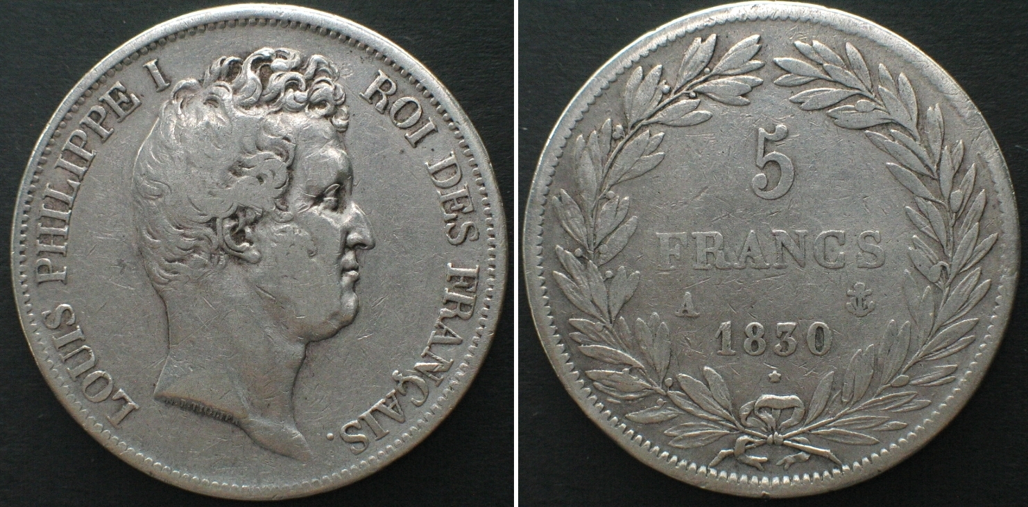 Frankreich FRANCE 5 Francs 1830 A Paris, raised edge lettering, LOUIS PHILIPPE I silver VF+ | MA ...