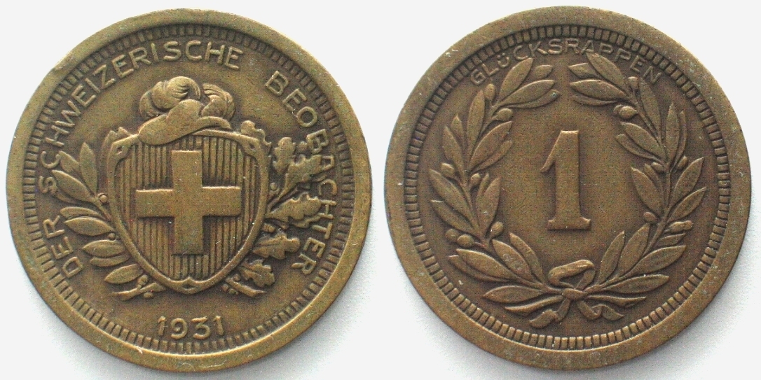 DER SCHWEIZERISCHE BEOBACHTER Lucky Rappen 1931 bronze 27mm EF | MA-Shops