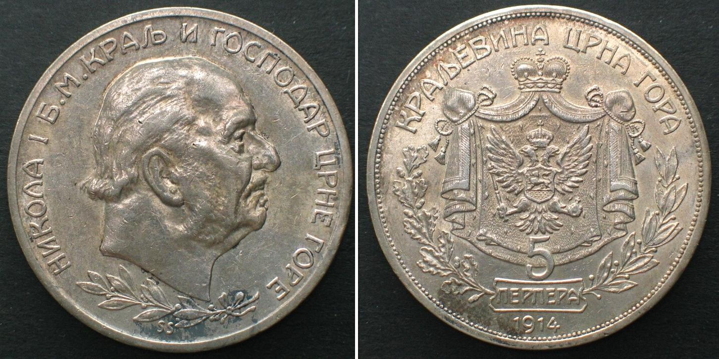 MONTENEGRO. Kingdom, 5 Perpera 1914 NICHOLAS I silver, key date! UNC-!!! | MA-Shops