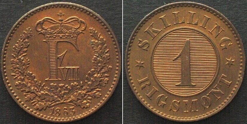 Dänemark DENMARK. 1 Skilling Rigsmont 1863, FREDERIK VII, bronze BU ...