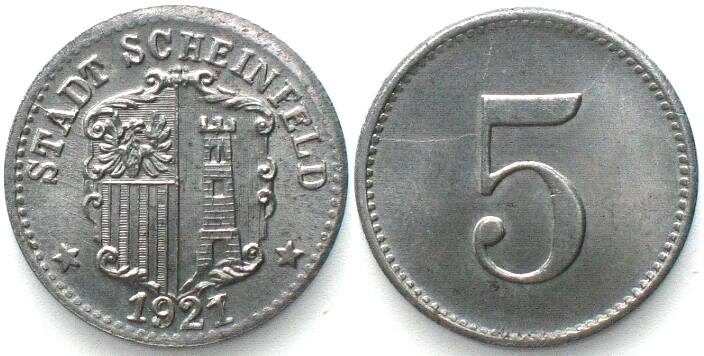 Scheinfeld (Bayern) Germany SCHEINFELD (Bavaria) 5 Pfennig 1921 ...