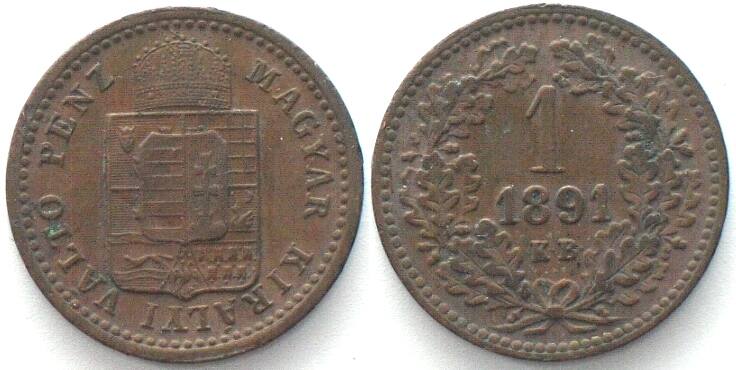 Haus Habsburg 1891 HUNGARY. 1 Krajczar 1892 KB, FRANZ JOSEPH I, copper AU! | MA-Shops