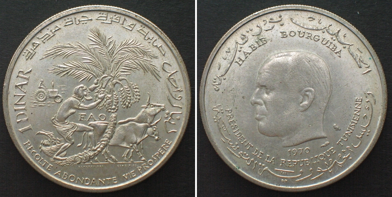 Tunesien TUNISIA 1 Dinar 1970 F.A.O. HABIB BOURGUIBA silver UNC- | MA-Shops