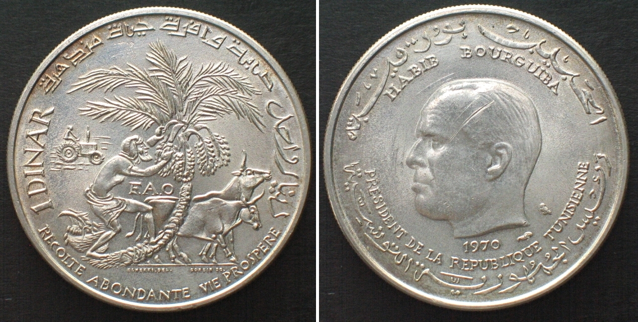 Tunesien TUNISIA 1 Dinar 1970 F.A.O. HABIB BOURGUIBA silver UNC- | MA-Shops