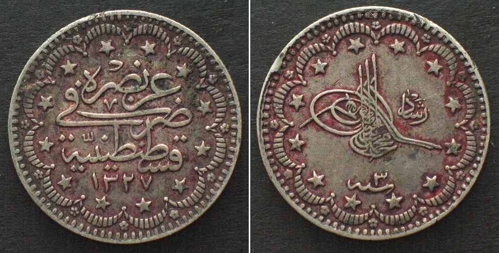 Türkei TURKEY 5 Kurush AH 1327//3 (1910) MUHAMMAD V silver VF-XF VF-EF | MA-Shops
