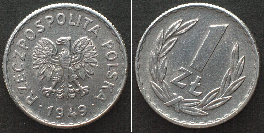 Polen POLAND. 1 Zloty 1949 Alu, die rotation ca. 45°, AU | MA-Shops