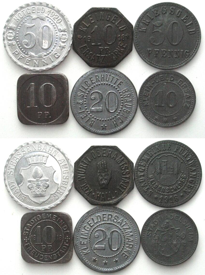 Deutschland - Notmünzen 1918-1921 GERMAN NOTGELD. 6 coins, A, B, F, H ...