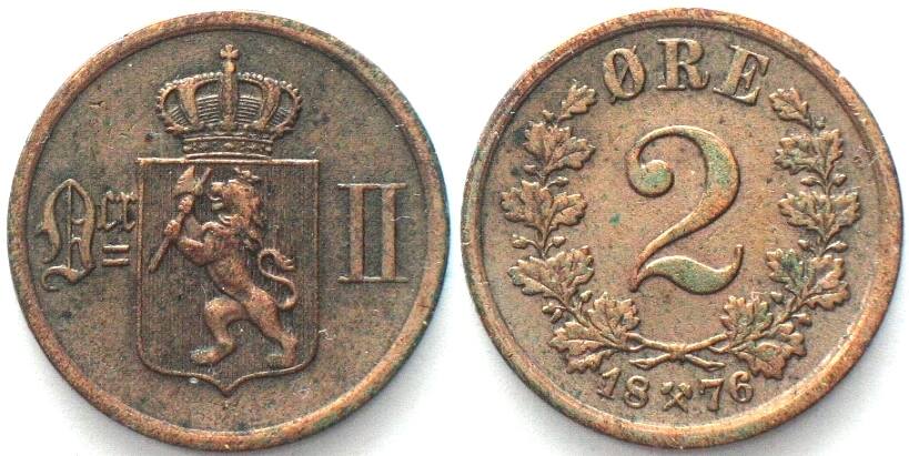 Norwegen NORWAY. 2 Ore 1876, Oscar II, bronze, XF! EF | MA-Shops